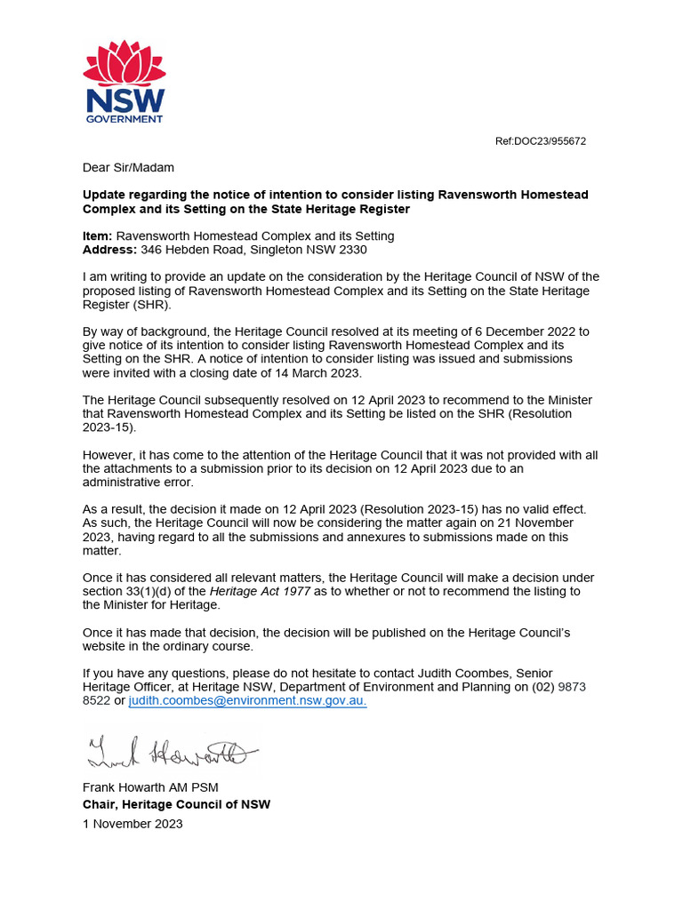 Ravensworth Homestead Complex and Its Setting - Update Letter | PDF