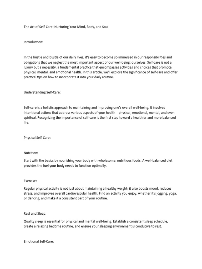 The Art of Self-Care Nurturing Your Mind, Body, and Soul | PDF | Mental ... The Art of Self-Care Nurturing Your Mind, Body, and Soul | PDF | Mental ...
