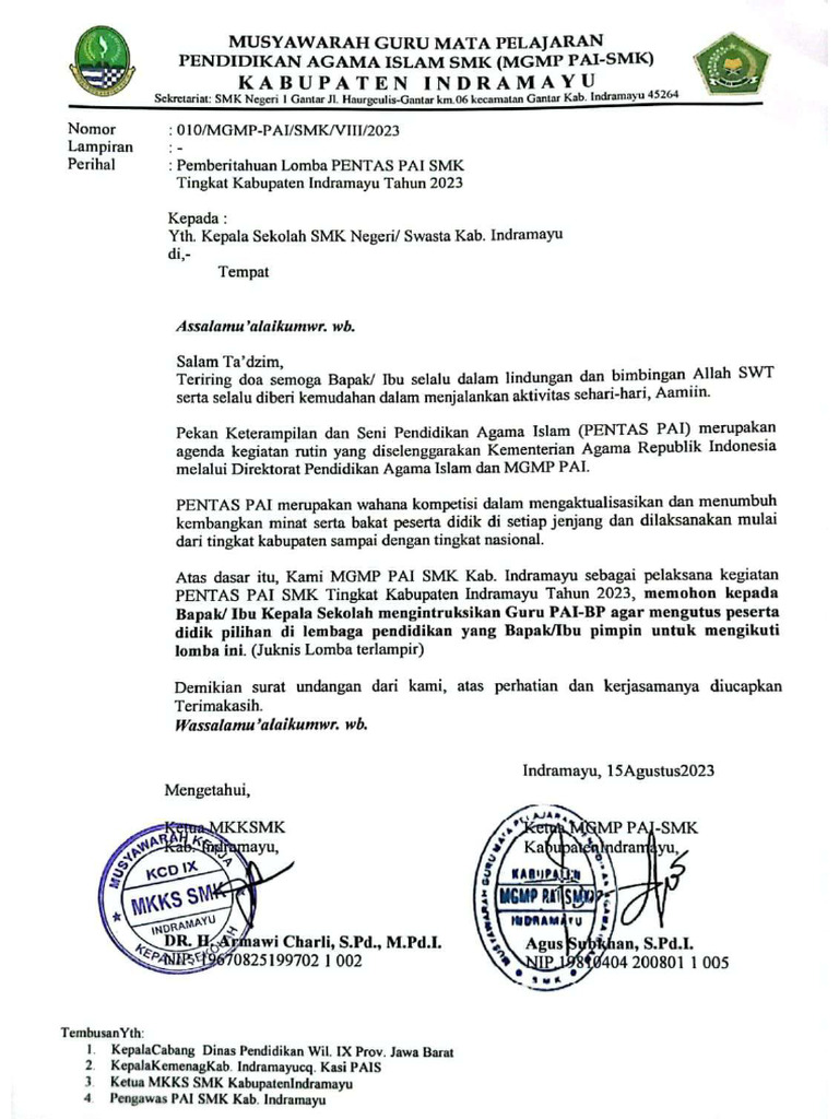 Surat Pemberitahuan & Juknis Pentas Pai | PDF