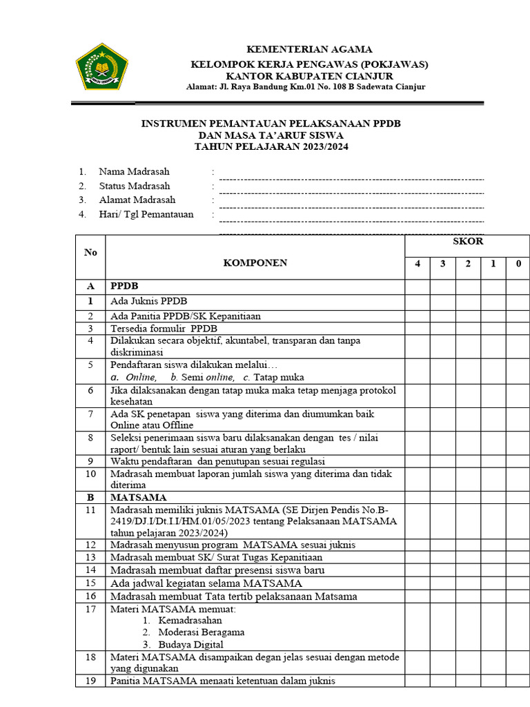 Instrumen PPDB Dan Matsama | PDF