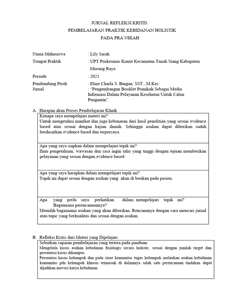 Jurnal Refleksi Kritis Pada Pranikah | PDF