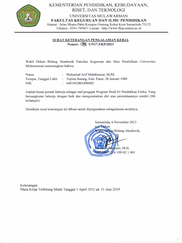 Surat Pengalam Kerja Arif | PDF