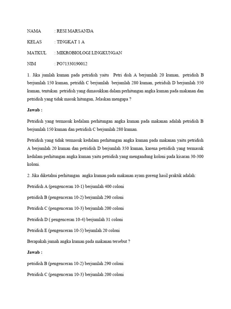 Perhitungan Angka Kuman Mikrobiologi (Resi Marsanda Po71330190012 ...