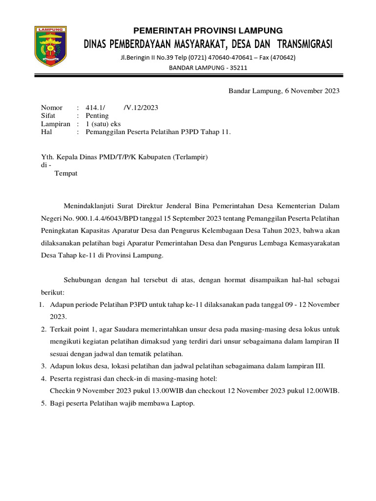 Surat Pemanggilan Peserta Kegiatan P3PD Tahap11ok | PDF