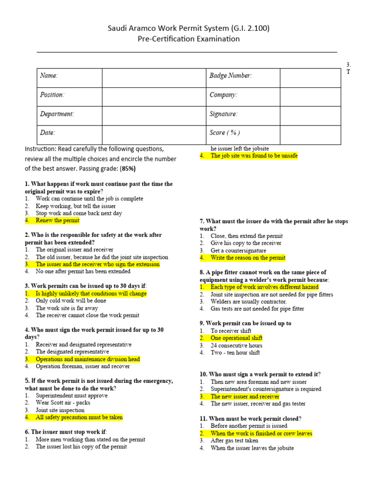 ARAMCO PTW Receiver's Qualification Exams.2 & Answers | PDF | Fires ...