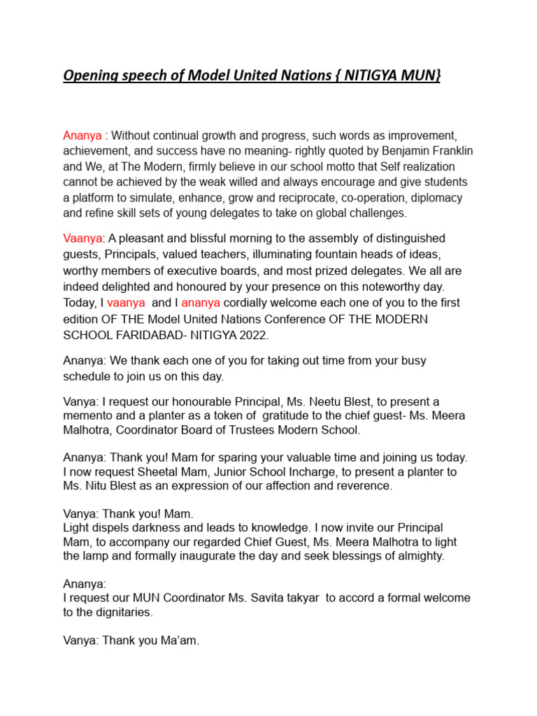 Opening Speech of Model United Nations | PDF