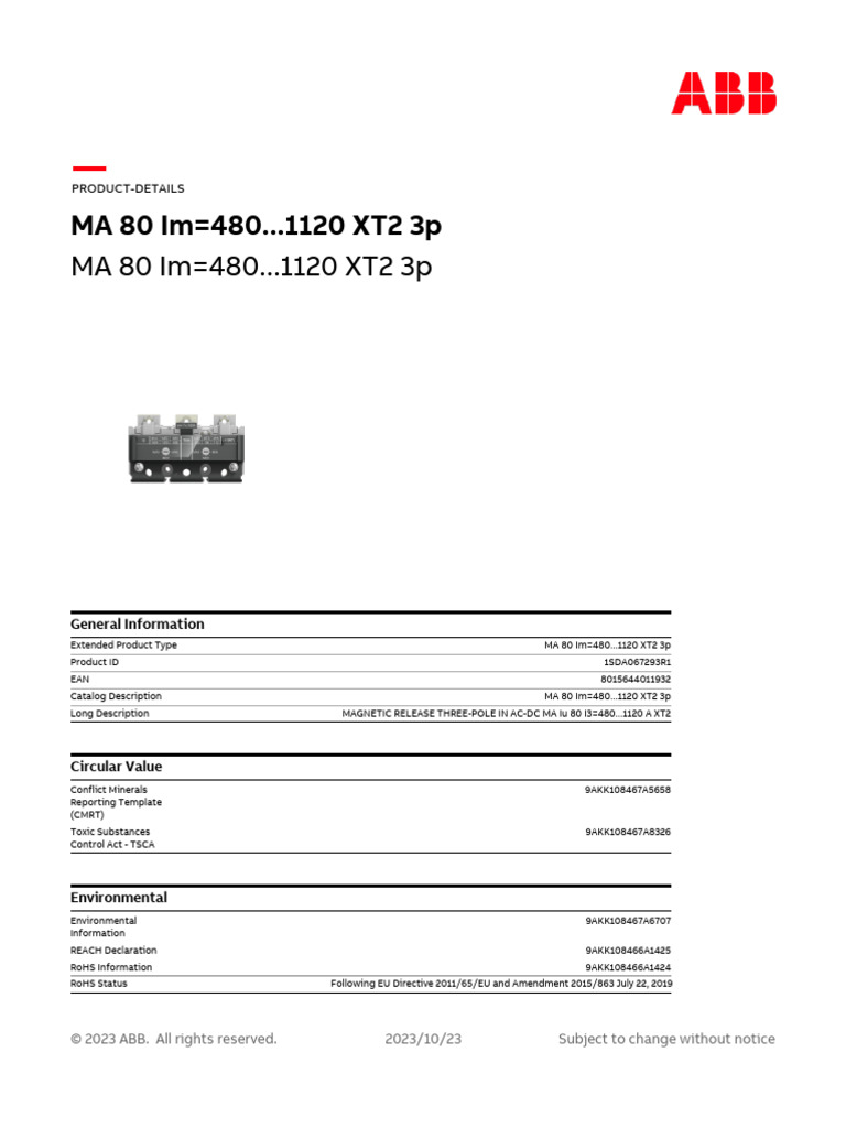 MA 80 Im 480-1120 XT2 3-Pole Breaker | PDF | Power (Physics ...