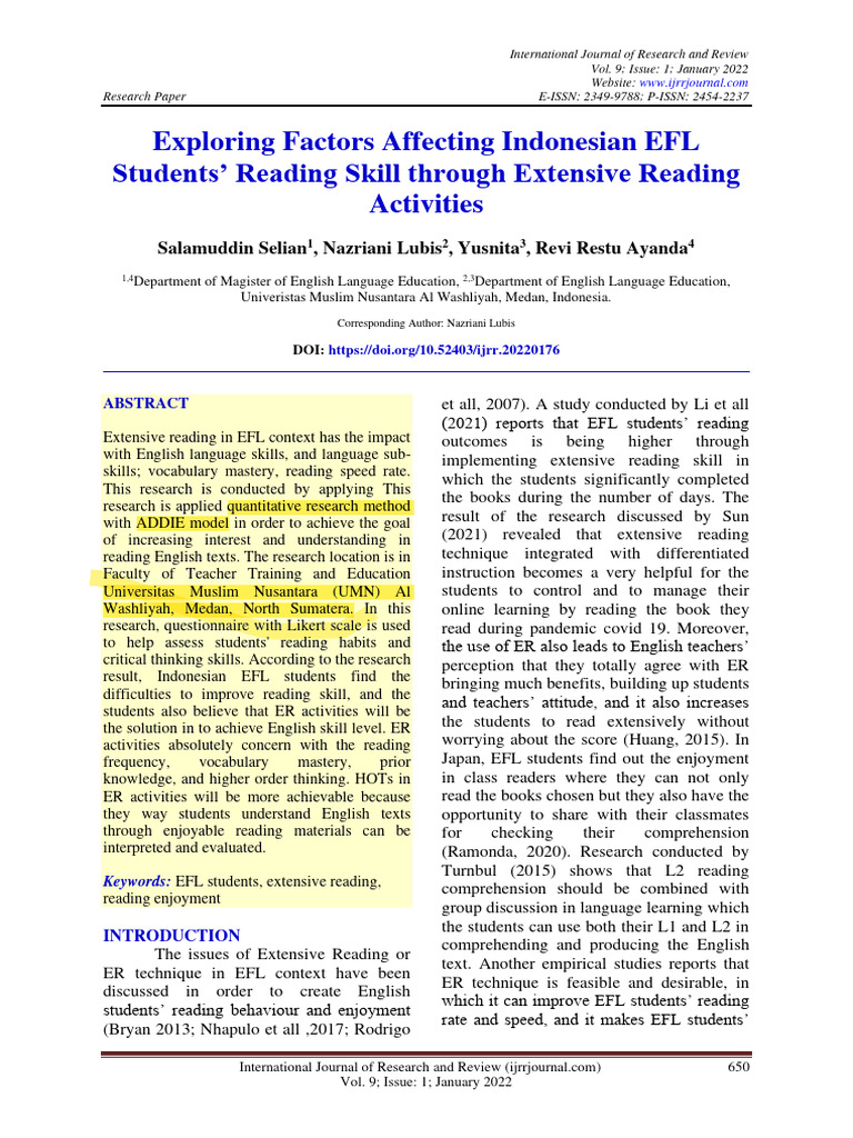 (V) Exploring Factors Affecting Indonesian EFL Students' Reading Skill Through Extensive Reading ...