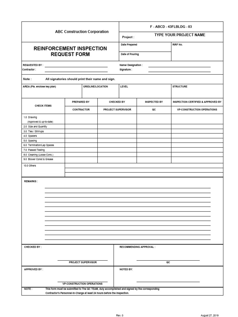 03-Reinforcement Inspection Request Form | PDF