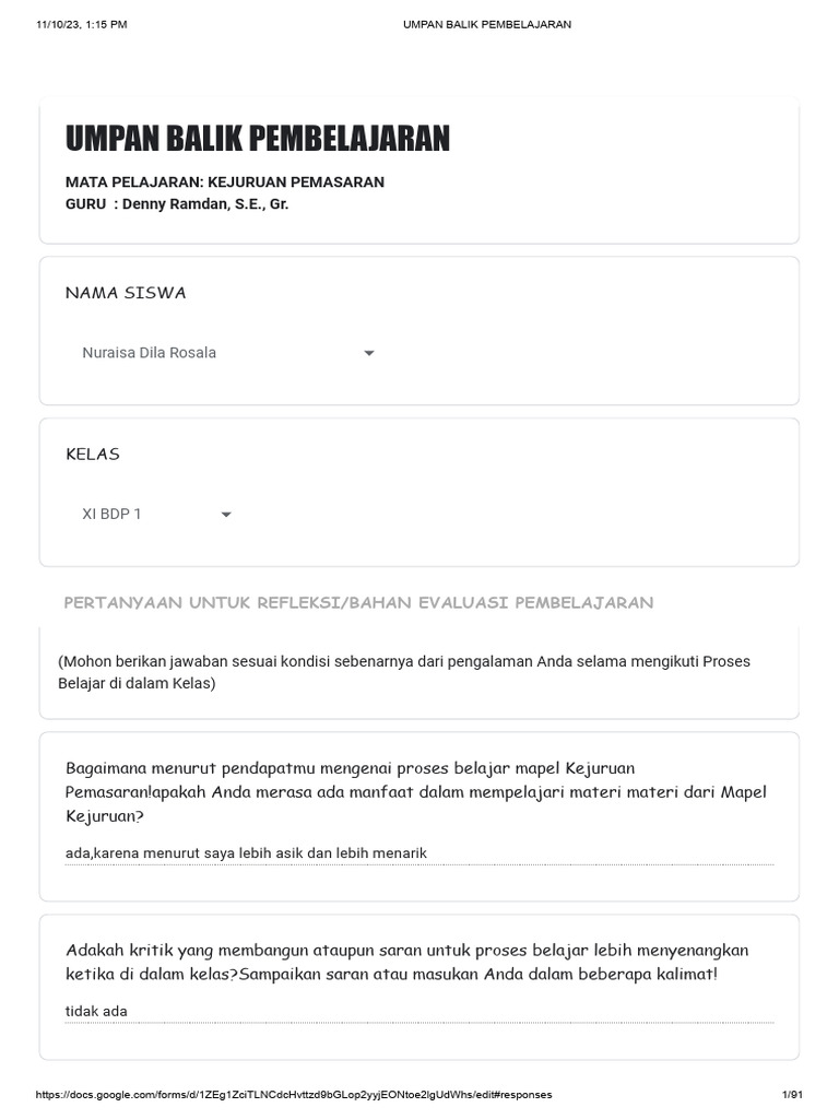 UMPAN BALIK PEMBELAJARAN - Google Formulir | PDF | Karier & Perkembangan | Pengembangan Diri