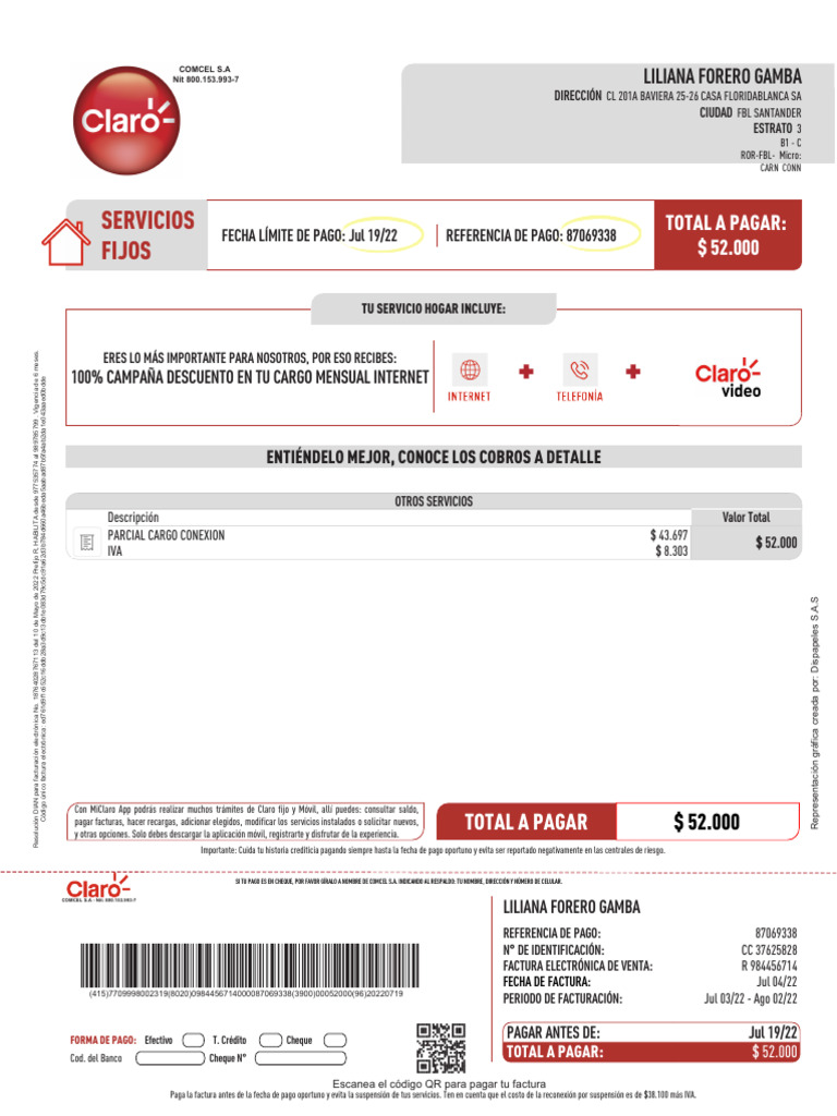Factura Electrónica Comcel: Detalles y Pago | PDF | Internet | Factura