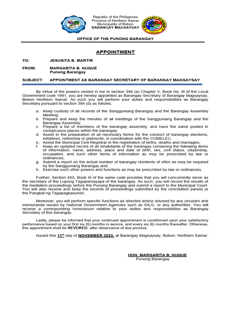 Appointment of Barangay Secretary | PDF | Government | Justice