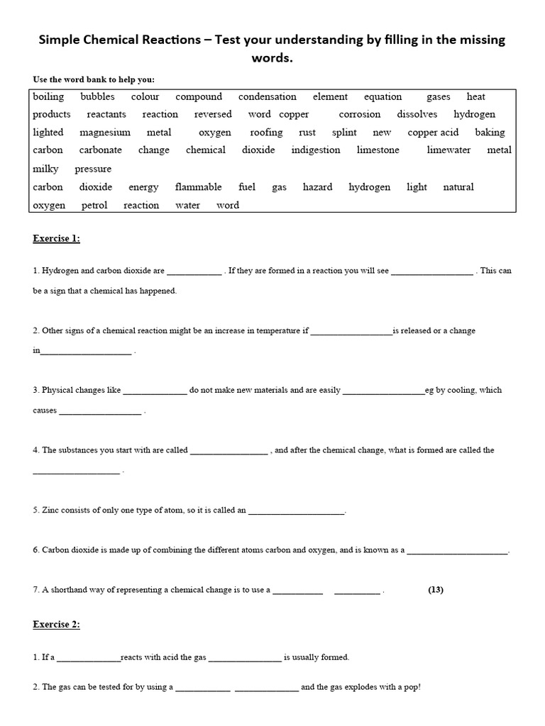 Chemcial Reactions Cloze Passage | PDF | Chemical Reactions | Oxide
