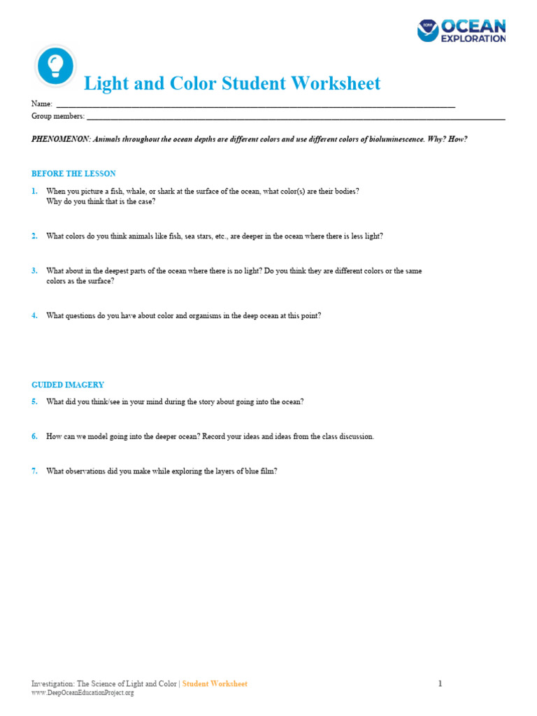 Light and Color Worksheet | PDF | Color | Deep Sea