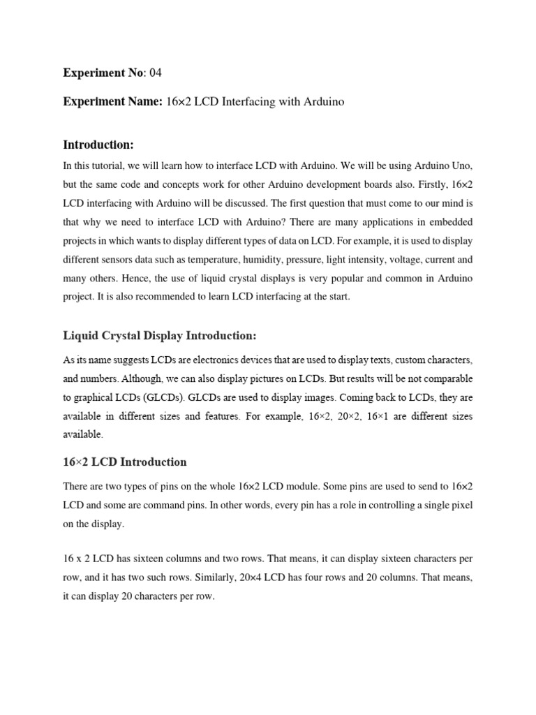 Interfacing LCD With Arduino | PDF | Arduino | Liquid Crystal Display