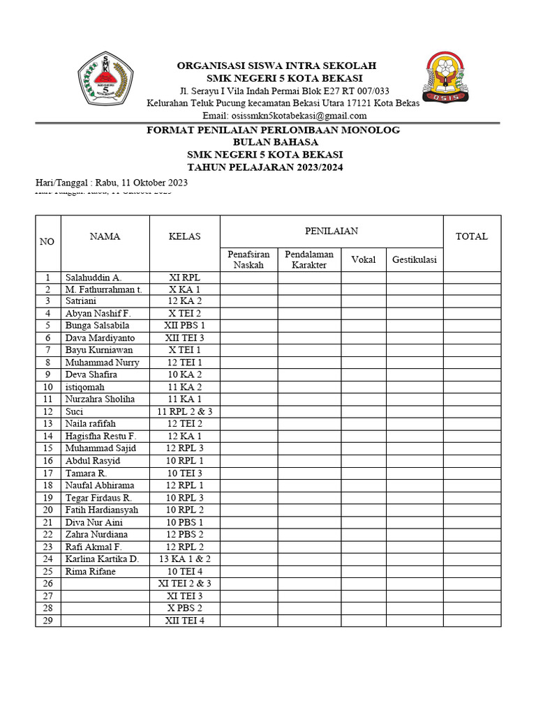 Format Penilaian Lomba Monolog 2023 | PDF