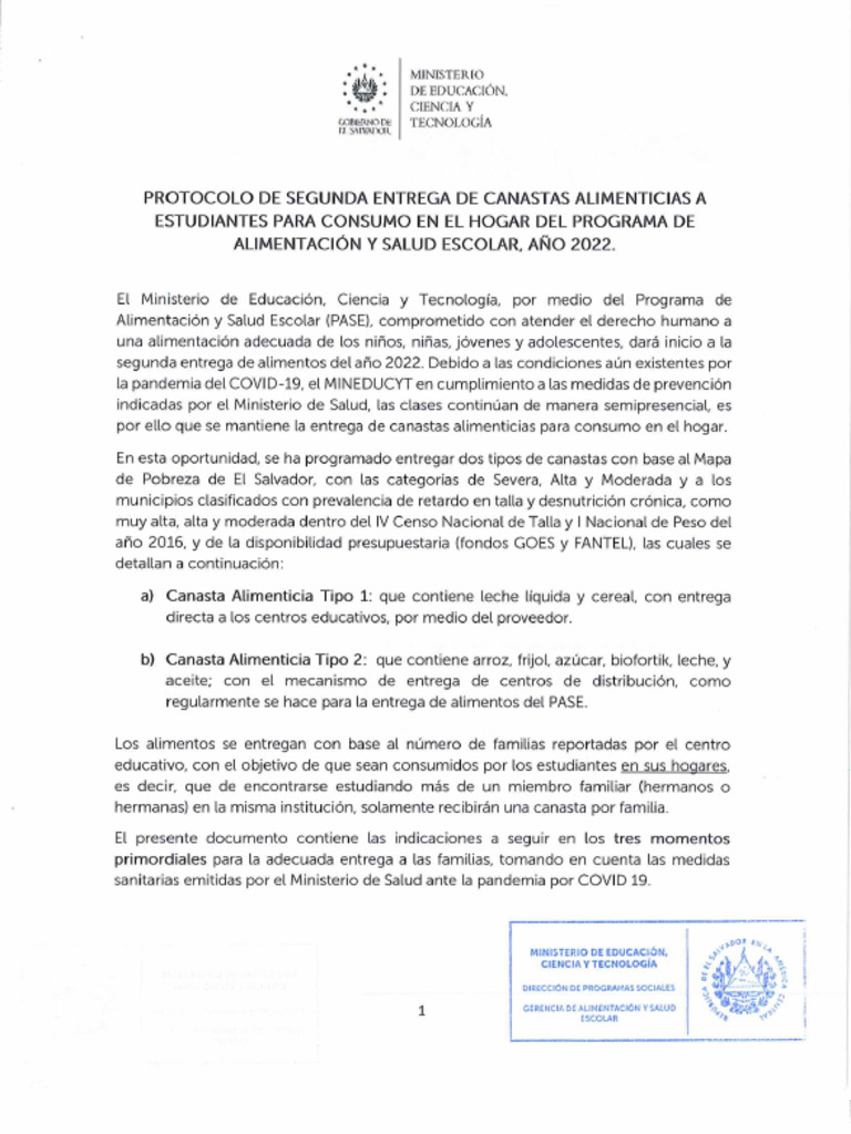 Protocolo de Entrega de Alimentos - Segunda Canasta Alimenticia 2022 | PDF