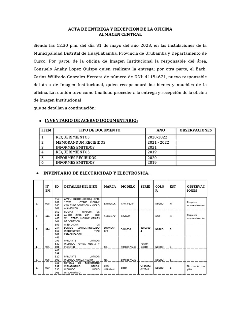 Acta de Entrega y Recepcion | PDF | Diseño | Componentes