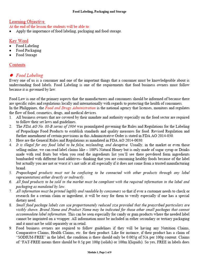 Food Labeling and Packaging Guidelines | PDF | Plastic | Nutrition ...