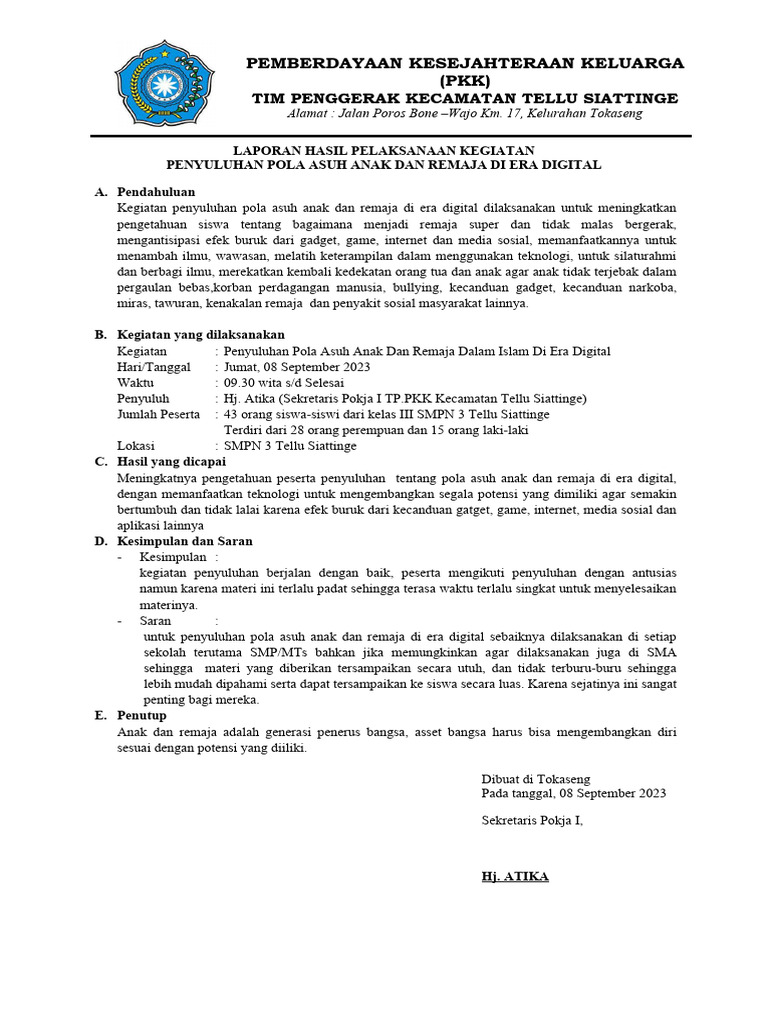 Contoh Laporan Pelaksanaan Kegiatan Pokja I PKK | PDF Contoh Laporan Pelaksanaan Kegiatan Pokja I PKK | PDF