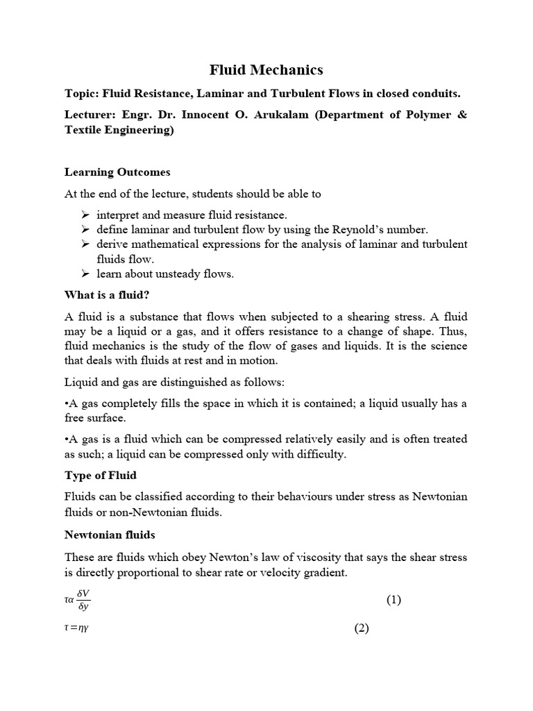 Lecture Note of ENG 309 (Fluid Mechanics) | PDF | Fluid Mechanics ...