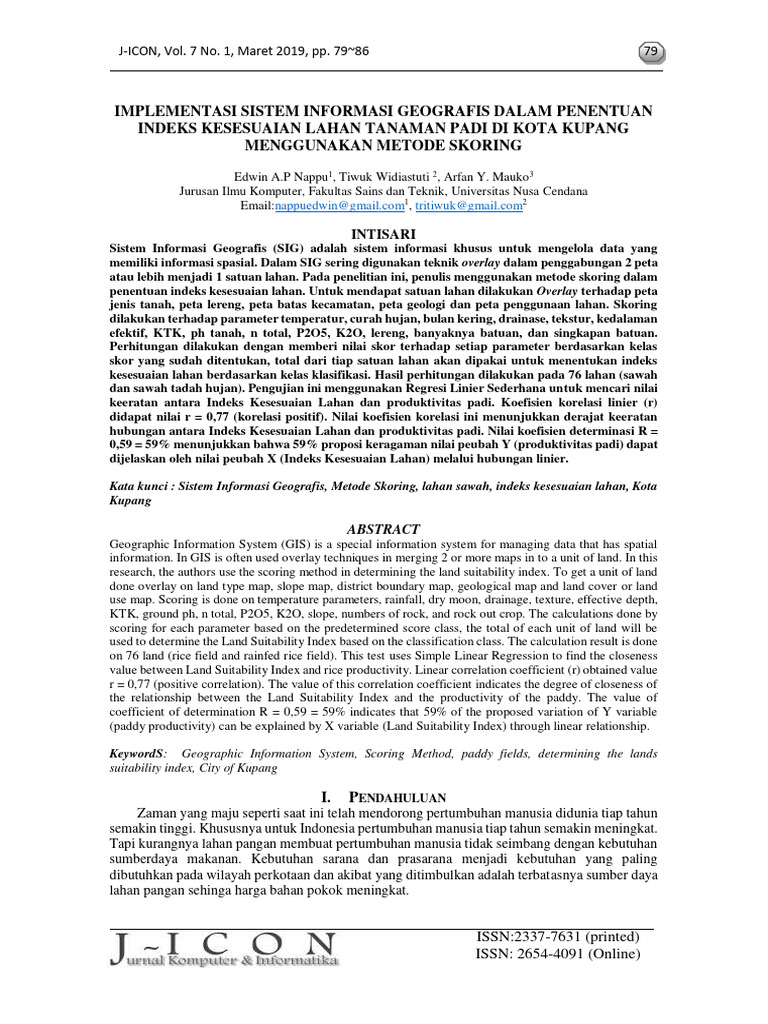 Implementasi Sistem Informasi Geografis Dalam Penentuan Indeks Kesesuaian Lahan Tanaman Padi Di ...