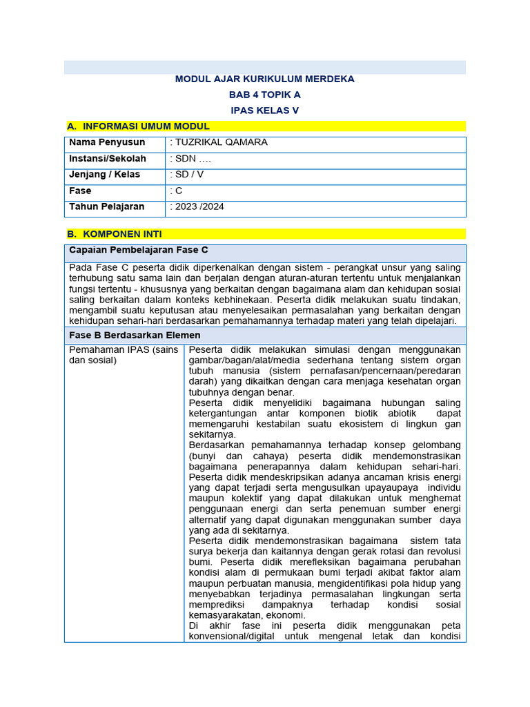 ARA - Modul Ajar BAB 4 TOPIK A - IPAS Kelas 5 | PDF