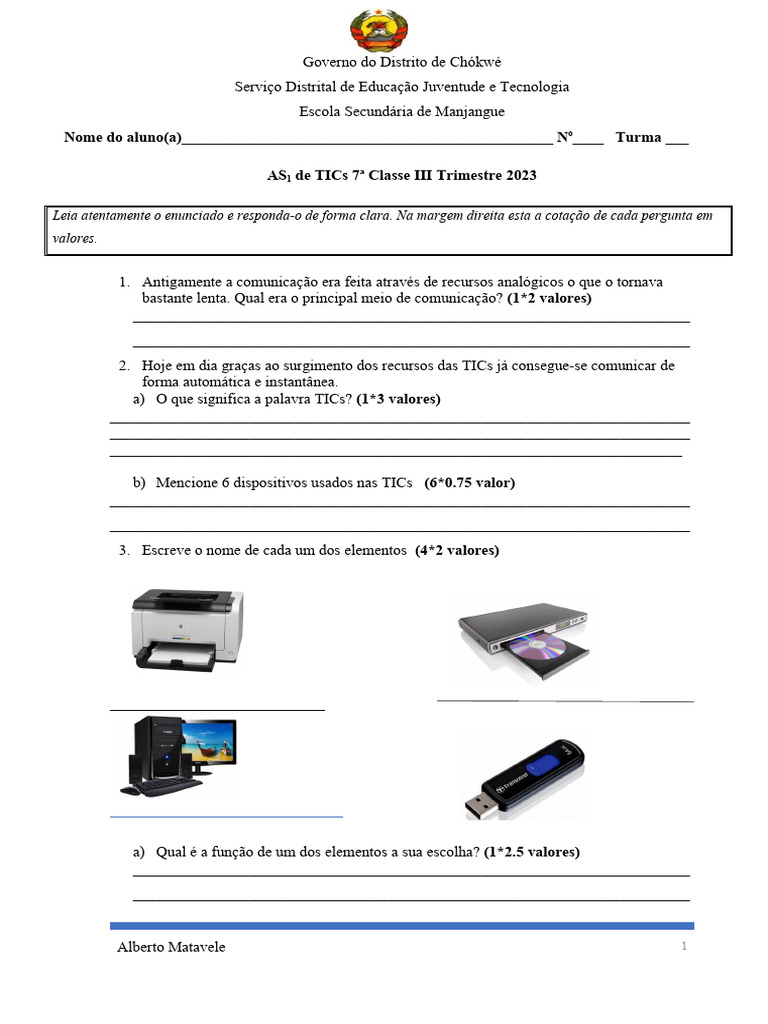 TESTE 1 de TIC 7 Classe III Trimestre | PDF