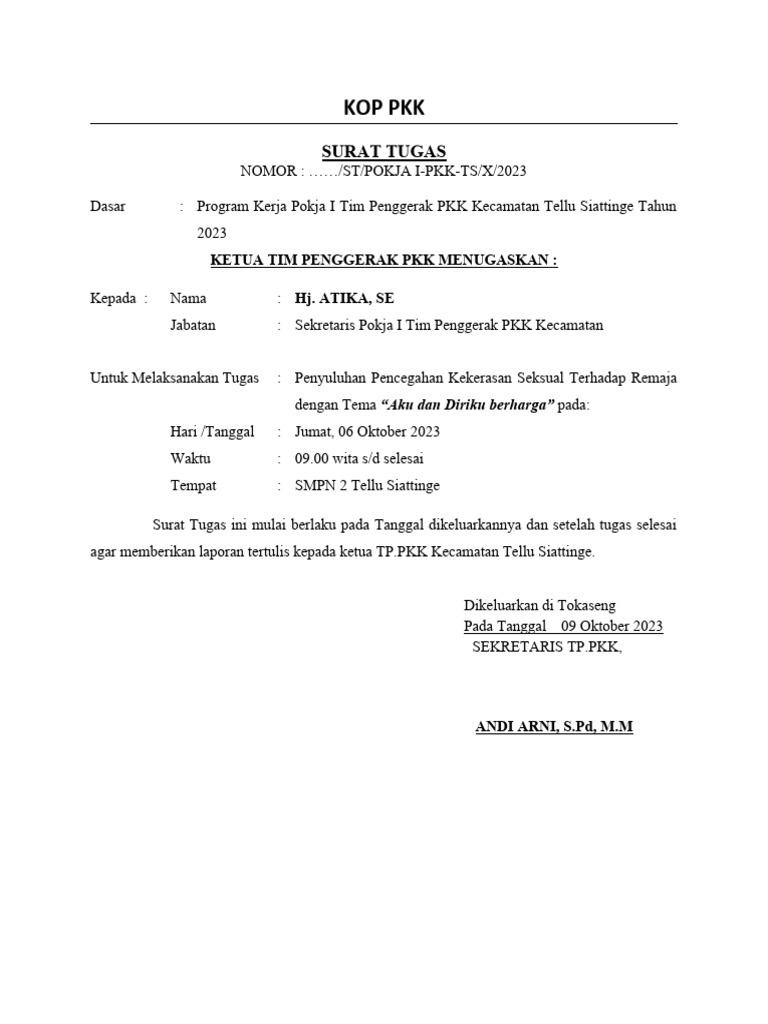 Contoh Surat Tugas PKK | PDF