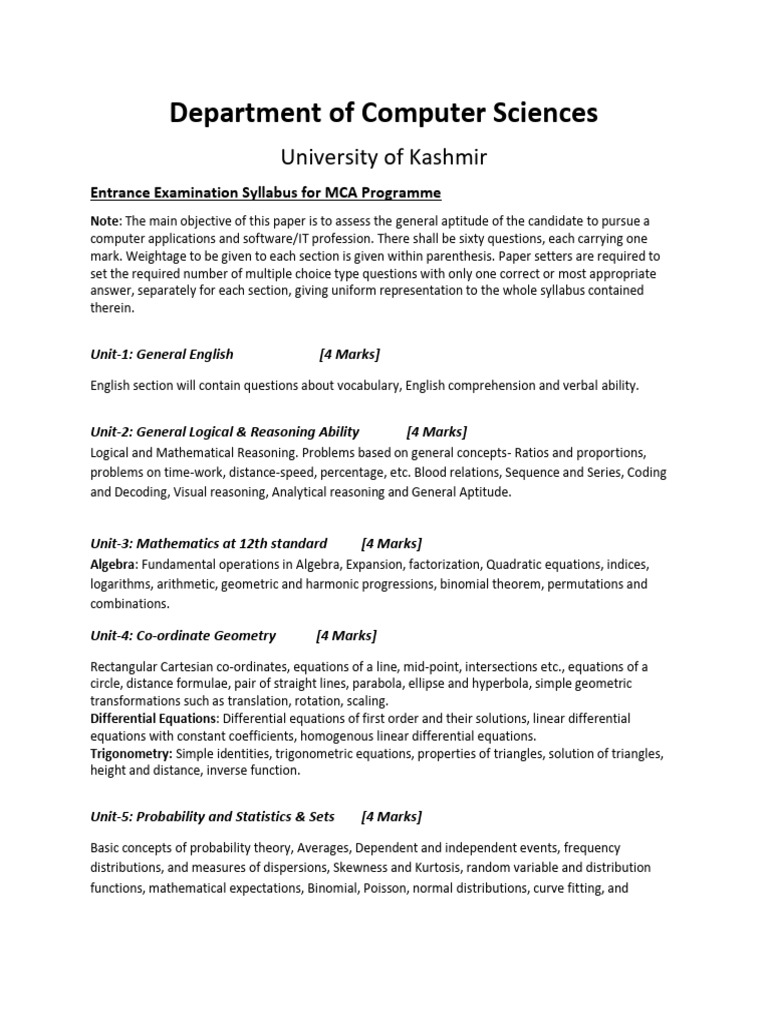 KU MCA Syllabus | PDF | Equations | Databases
