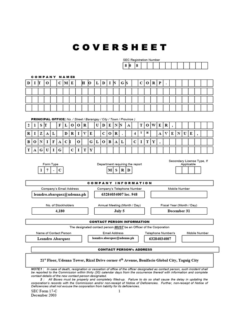 SEC Form 17-C Dito CME Re Change in Officers and Directors (11 October ...