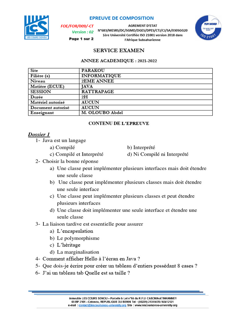 Épreuve de Composition en Java 2022 | PDF | Java (Langage de ...