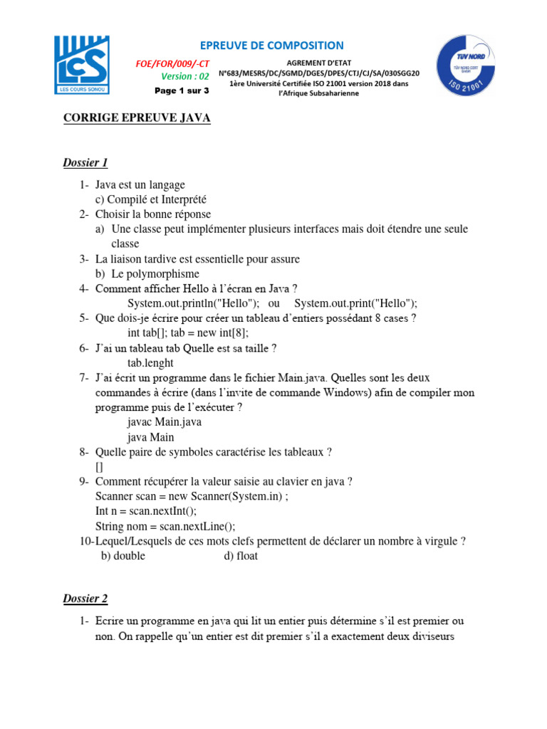 Corrige Epreuve Java | PDF | Java (Langage de programmation) | Informatique