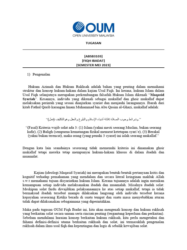 Assigmnet Oum Fiqh Ibadat Danish Iskandar Bin Maziazaman 001226 01 0469 | PDF | Filsafat | Hukum