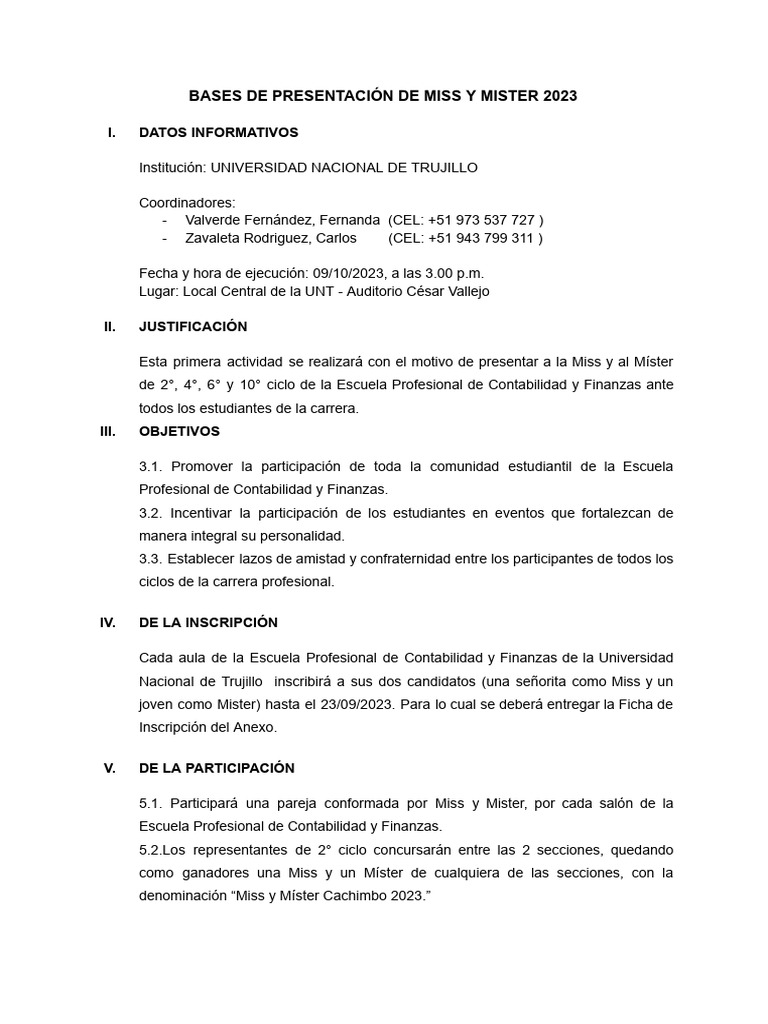 Miss y Mister 2023 - Bases | PDF | Servicios financieros | Contabilidad