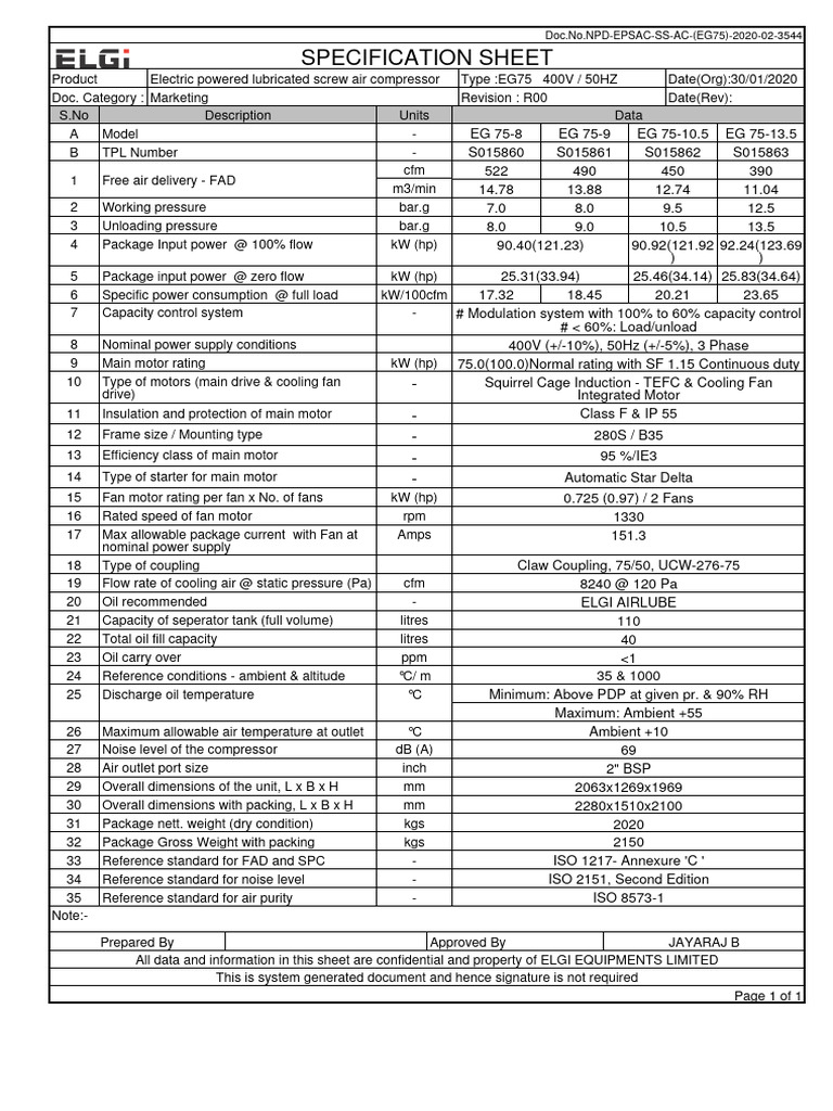 ELGI EG75 Compressor Specification Sheet | PDF | Technology & Engineering