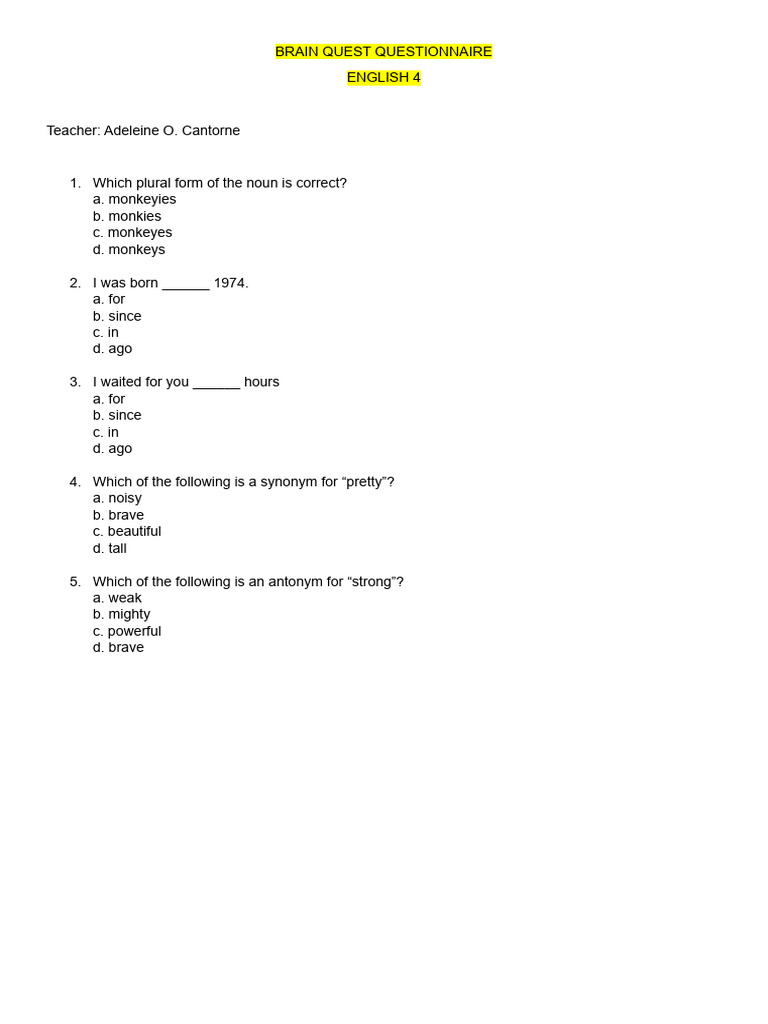 English 4 Brain Quest Questionnaire | PDF