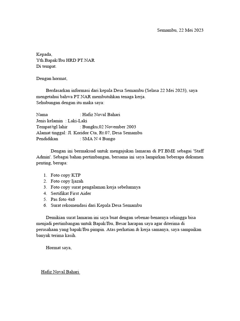 Lamaran Kerja Hafiz Noval Bahari | PDF