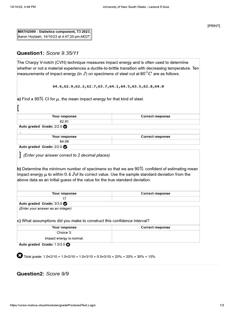 MATH2089 Lecture 5 Quiz Results | PDF | Confidence Interval | Standard ...