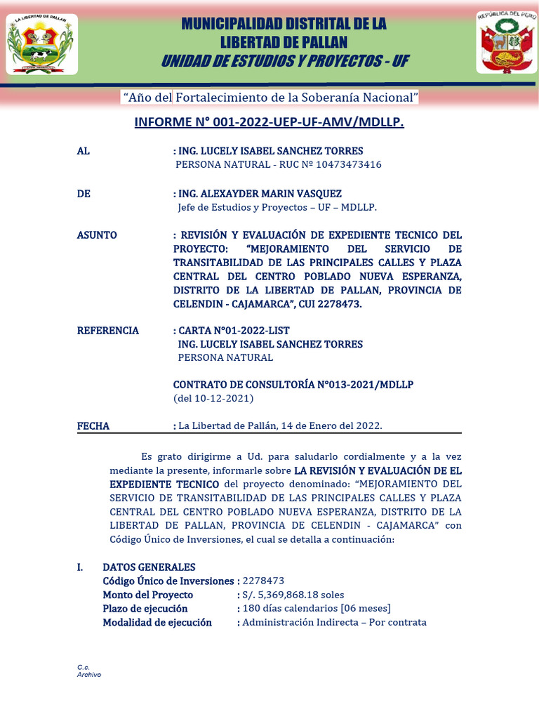 Informe #001 Evaluacion de Expediente Tecnico Nueva Esperanza | PDF | Presupuesto