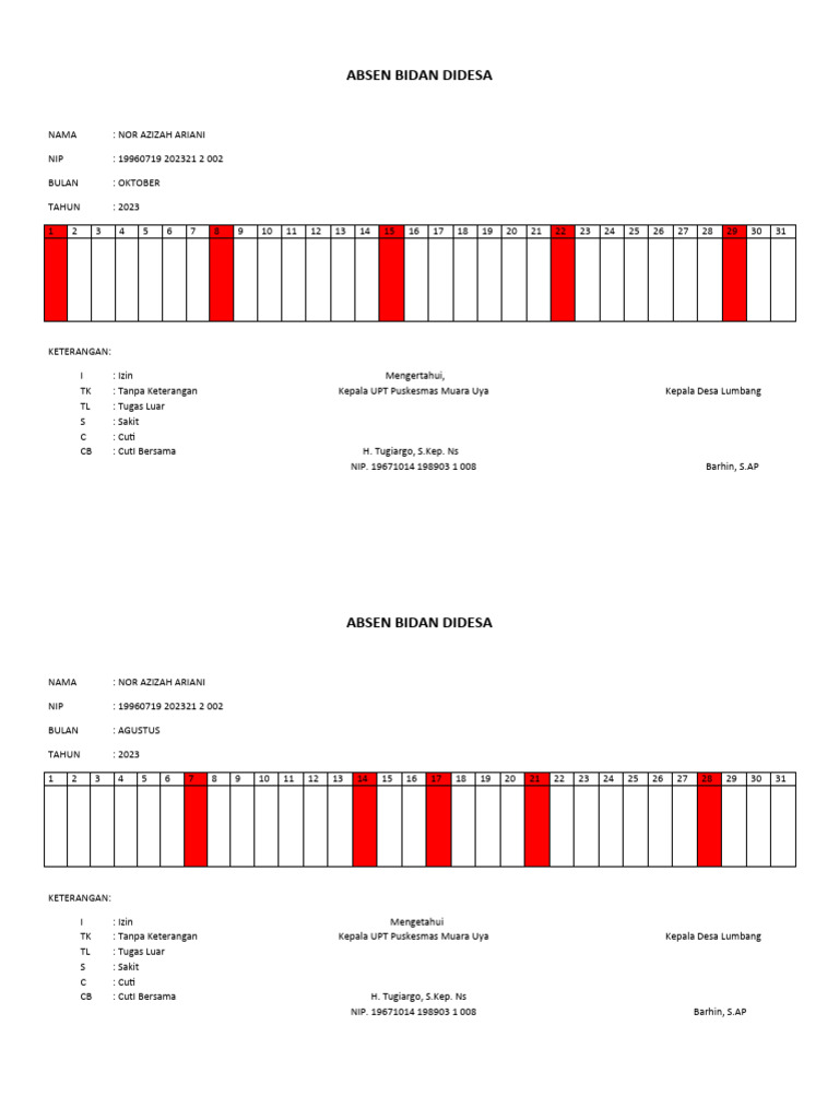 Absen - Bidan - Didesa Okt Nov Des 2023 Azizah | PDF