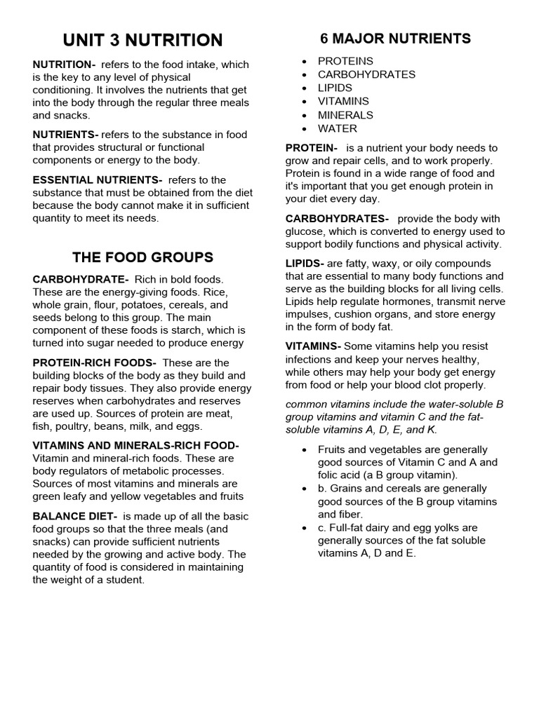 UNIT 3 NUTRITION Mid Terms | PDF | Foods | Vitamin