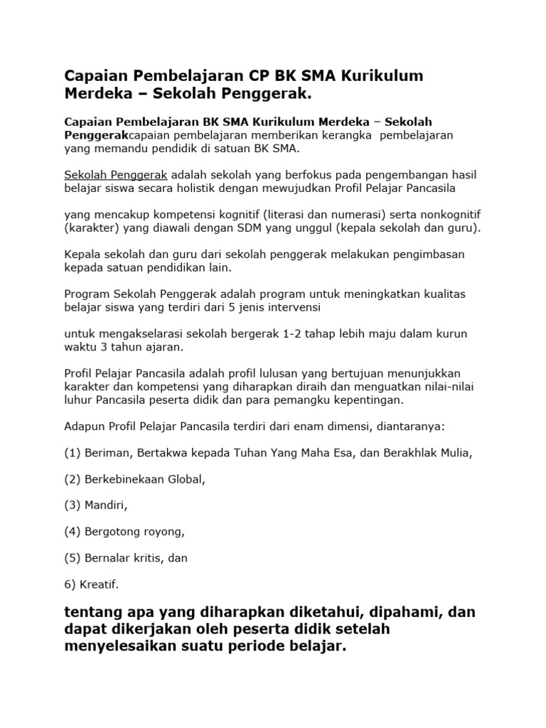 Capaian Pembelajaran CP BK SMA Kurikulum Merdeka | PDF | Bisnis ...