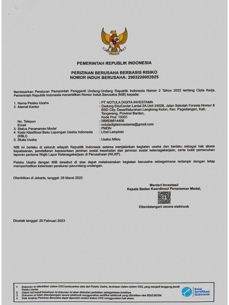 NIB Nomor Induk Berusaha | PDF