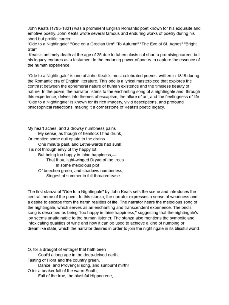 Ode To A Nightingale | PDF | John Keats | Poetry