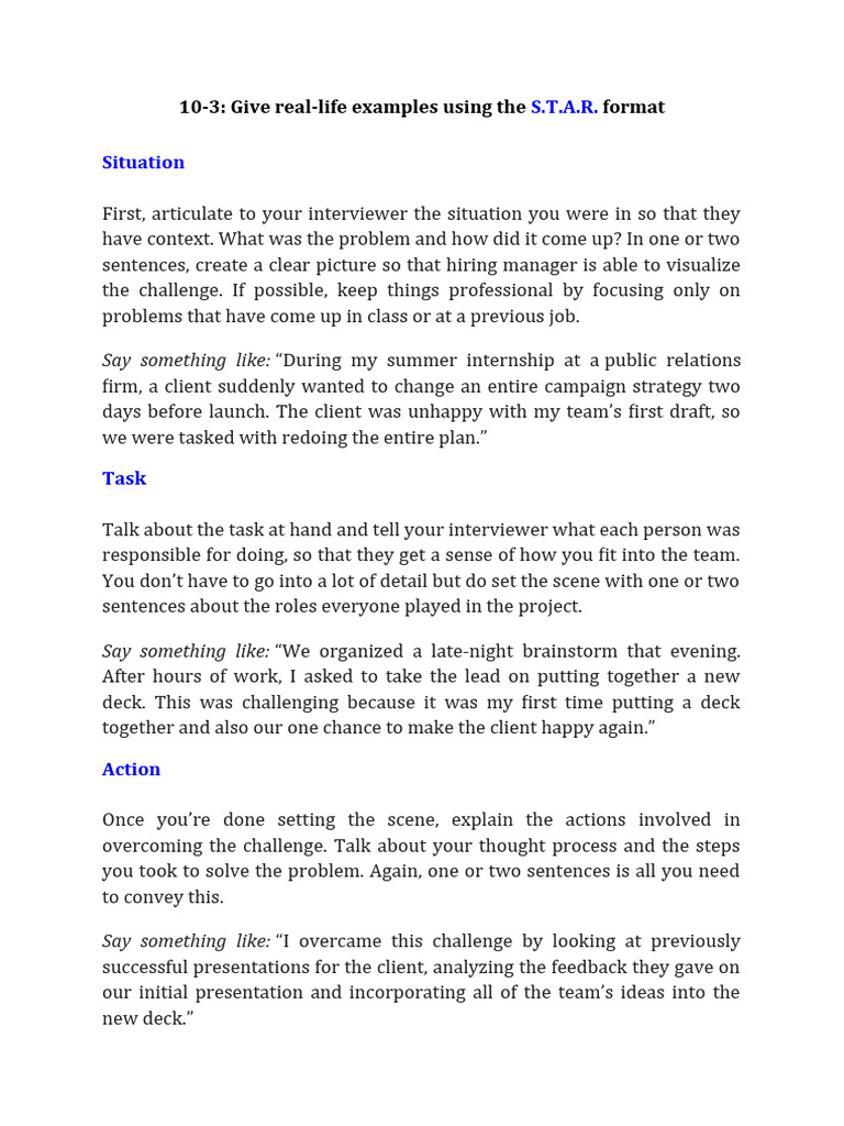 Real-Life S.T.A.R. Interview Examples | PDF | Cognitive Science | Cognition