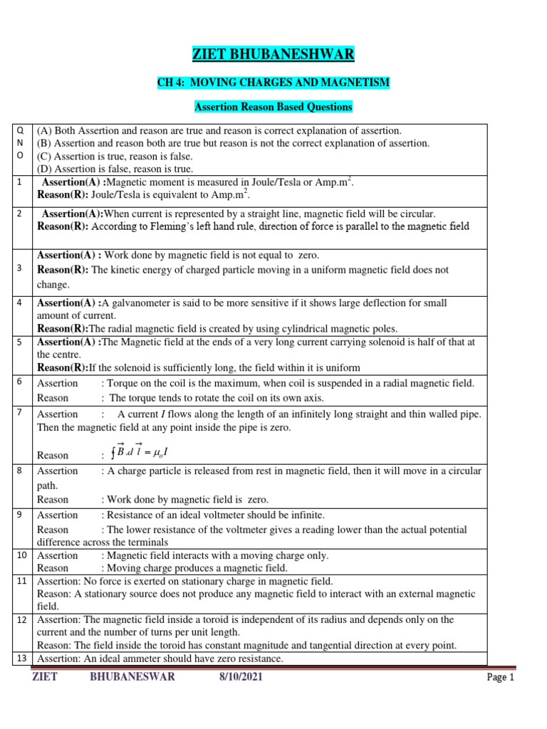 Physics Assertion-Reason Quiz | PDF | Magnetic Field | Magnetism