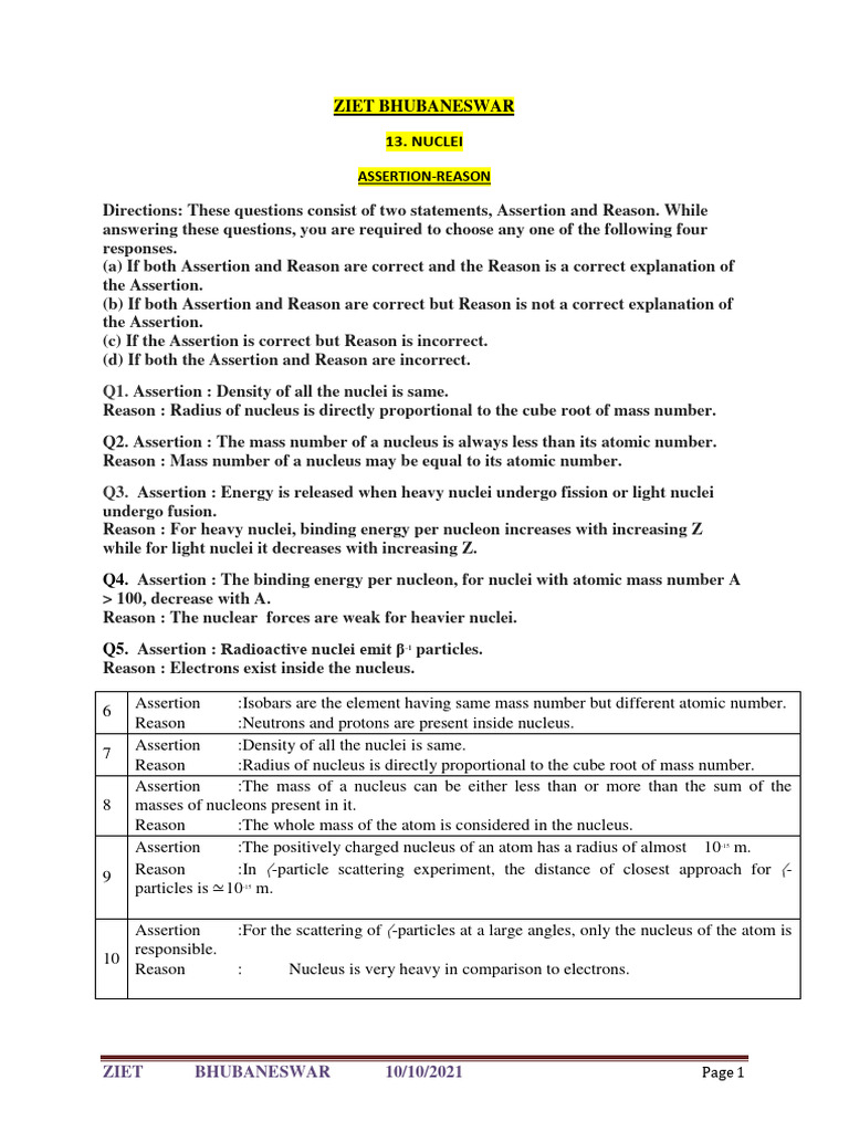 Physics XII CH 13 Physics Assertion Reasoning Nuclei | PDF | Atomic Nucleus | Nuclear Physics