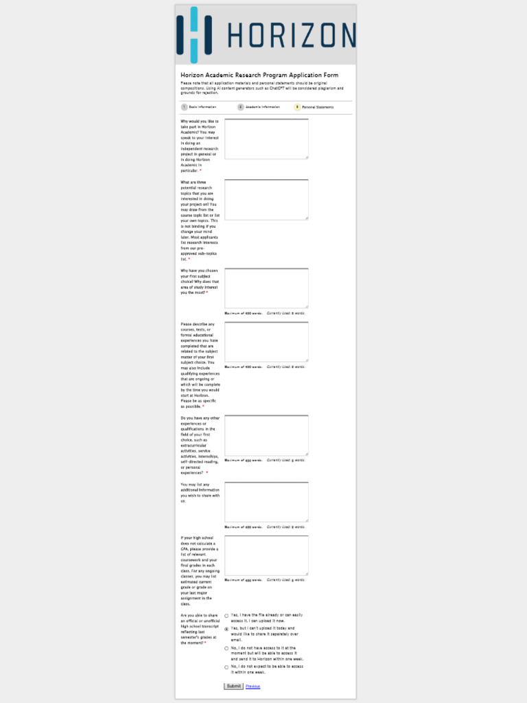 Horizon Academic Research Program Application Form | PDF