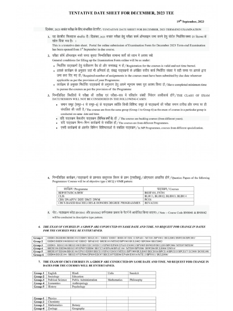 Ignou Date Sheet Dec 2023 Updated On 19th September 2023 Pdf